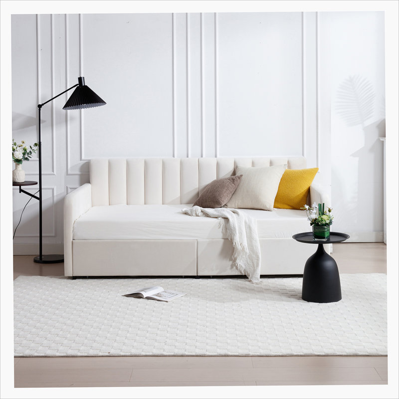 Mercer41 Aizzaddin Upholstered Daybed with 2 Drawers, Twin, Ivory Velvet, Ribbed Tufted Backrest ...